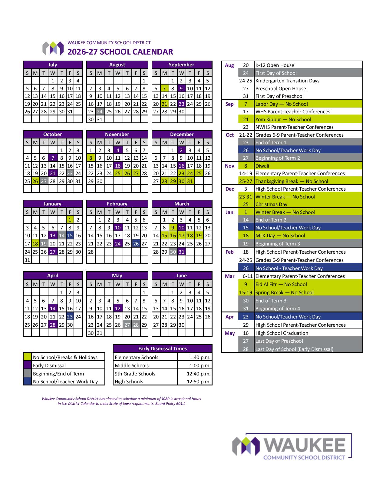Waukee Community School District Calendar 2026-2027 | Holidays