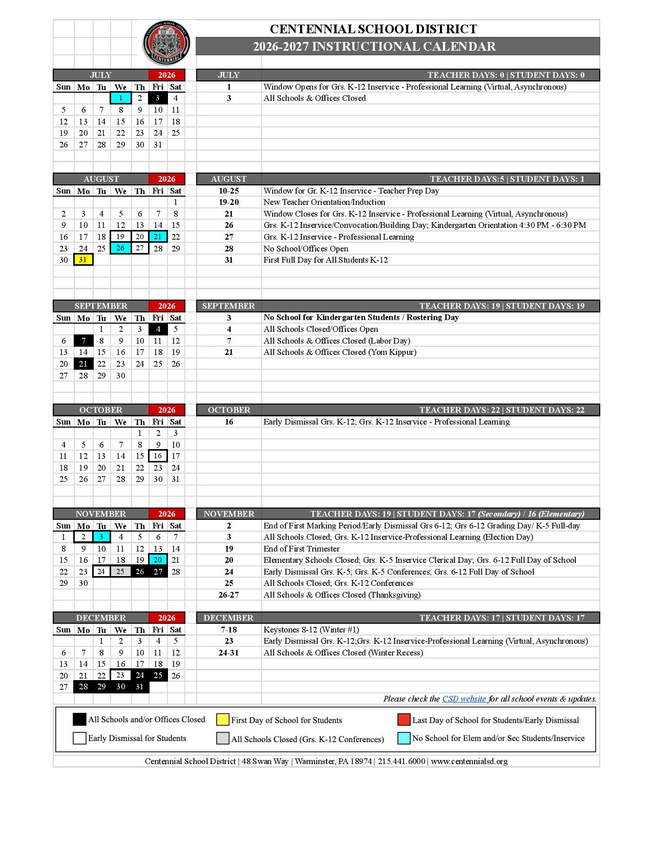 Centennial School District Calendar 2026-2027 | Pennsylvania