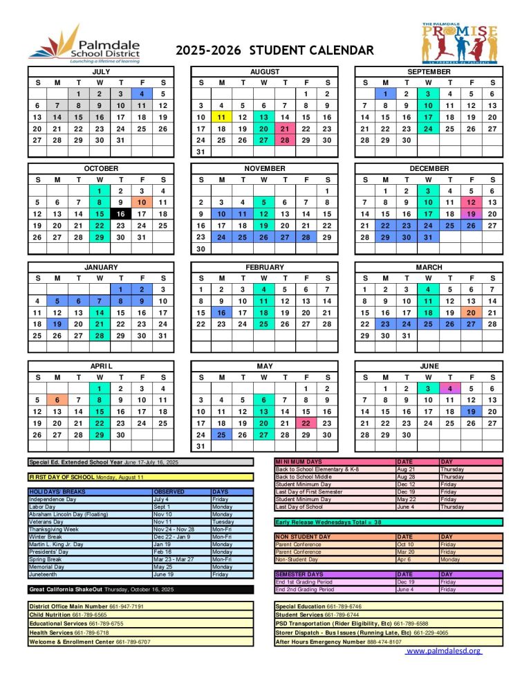 Palmdale School District Calendar 2026-2027 | Holidays