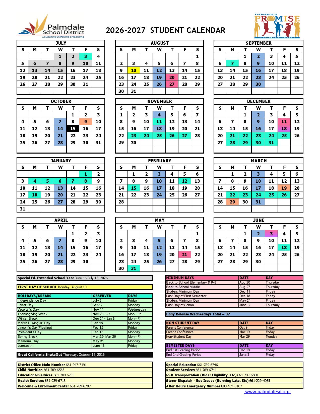 Palmdale School District Calendar 2026-2027 | Holidays