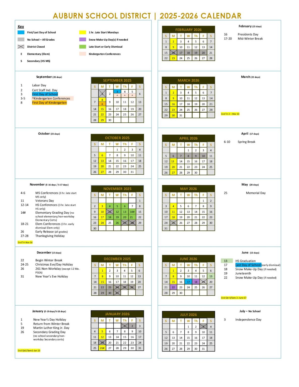 Auburn School District Calendar 2026-2027 | Holidays