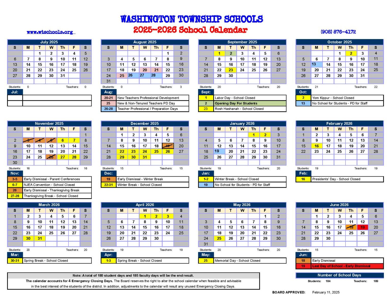 Washington Township Schools Calendar 2026-2027