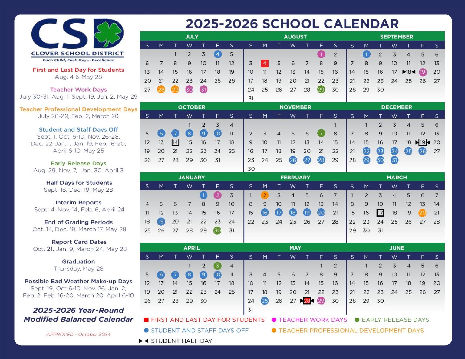 Clover School District Calendar 2025-2026 | Holidays