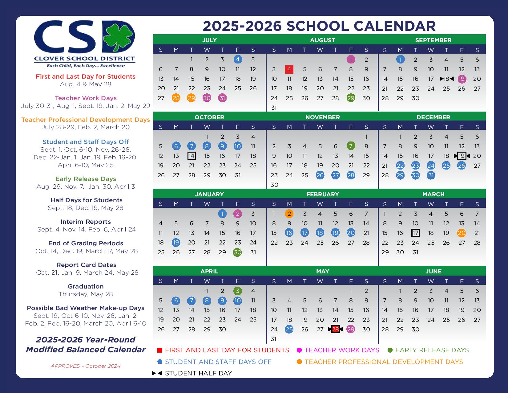 Clover School District Calendar 2025-2026 | Holidays