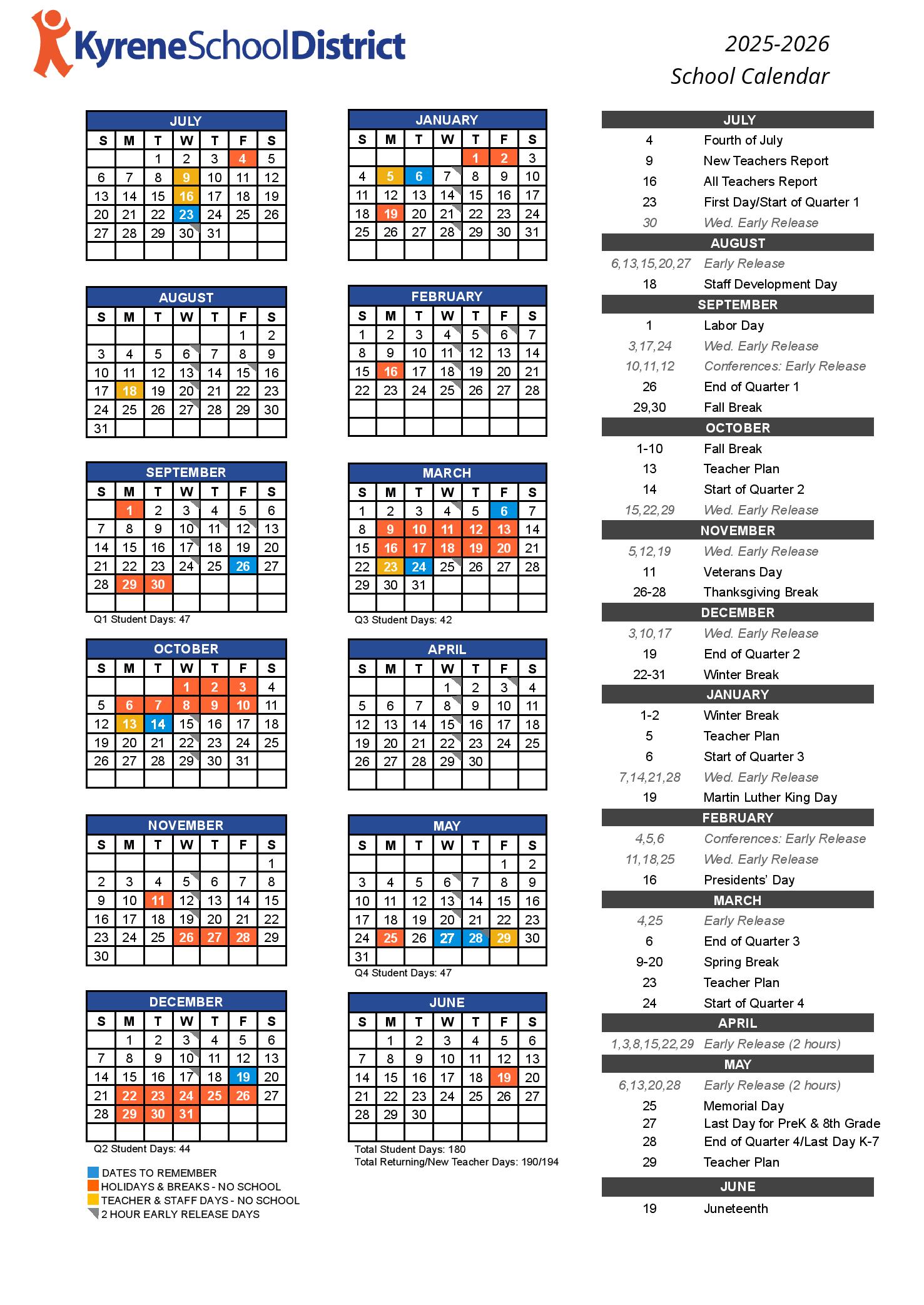 Kyrene School District Calendar 2025-2026 | Holidays