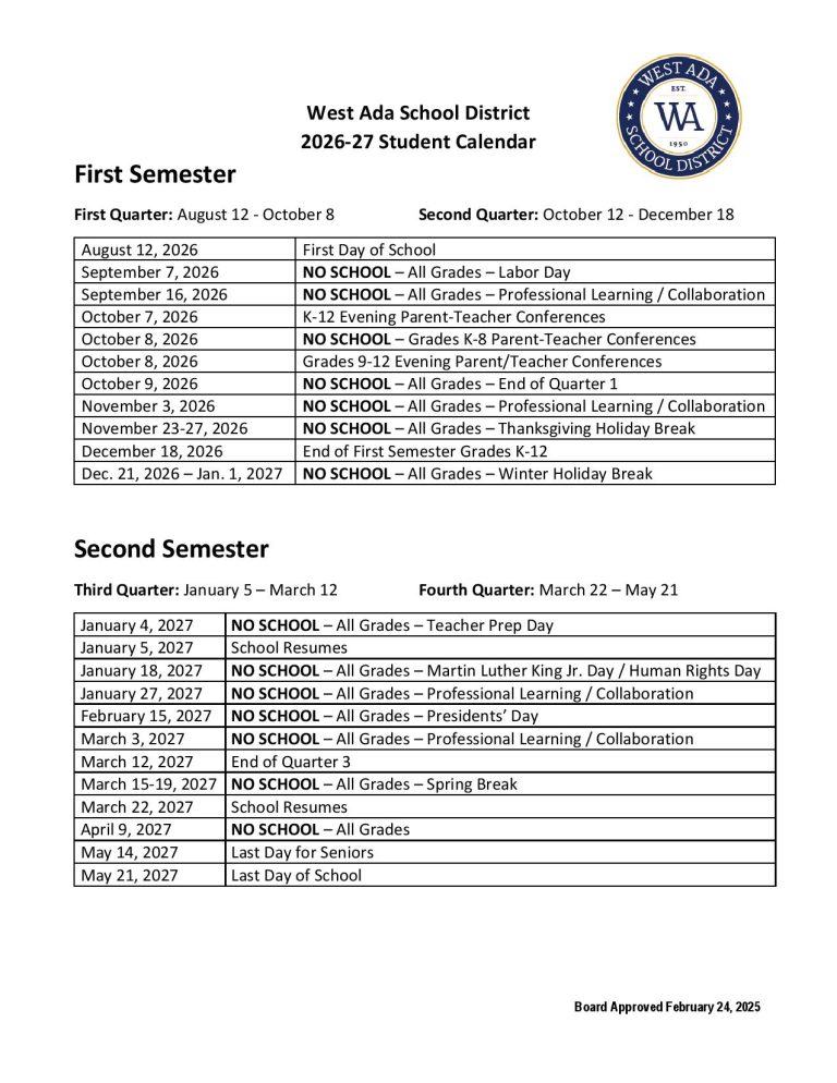 West Ada School District Calendar 2026-2027 | Holidays