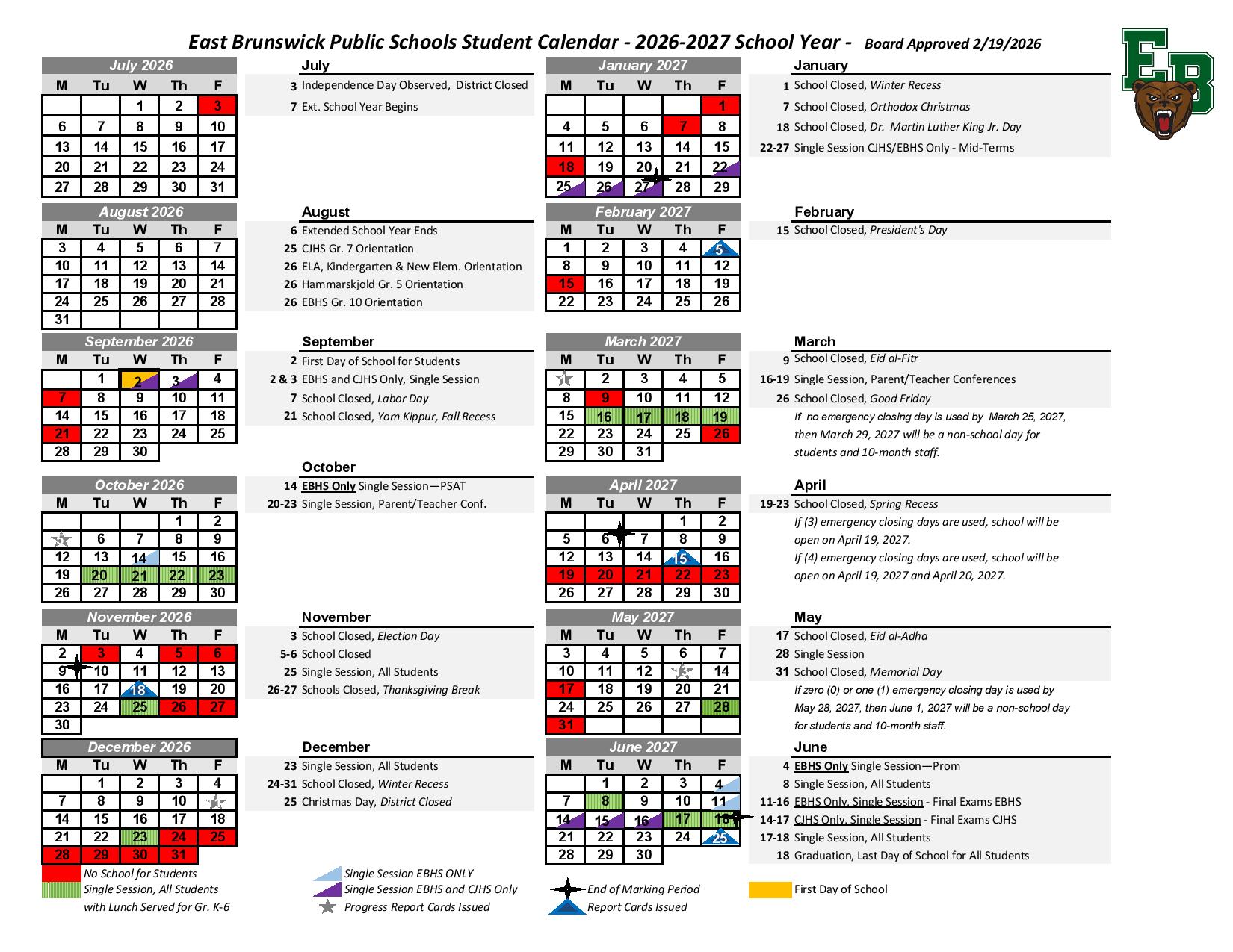 East Brunswick Public Schools Calendar 2026-2027