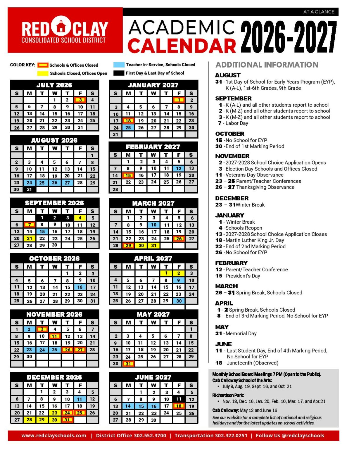 Red Clay School District Calendar 2026-2027 | Holidays