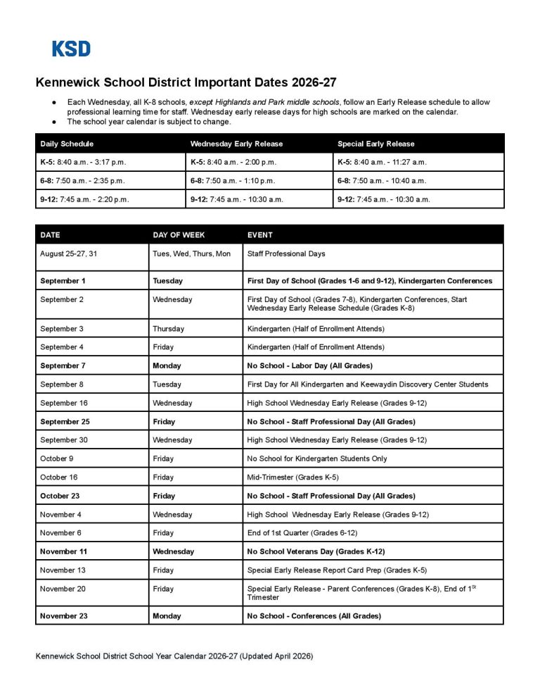 Kennewick School District Calendar 2026-2027 | Download Now